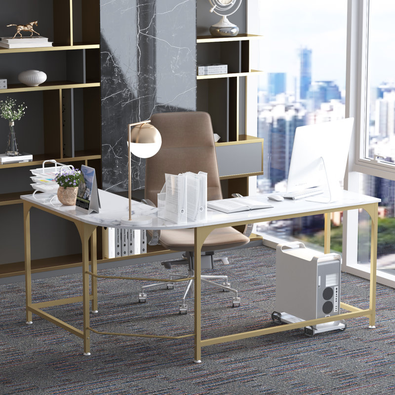 Rory L Shaped Metal Base Computer Desk Etta Avenue Color Top Frame White Marbling Gold Size 29.7 H x 66.1 W x 47.2 D